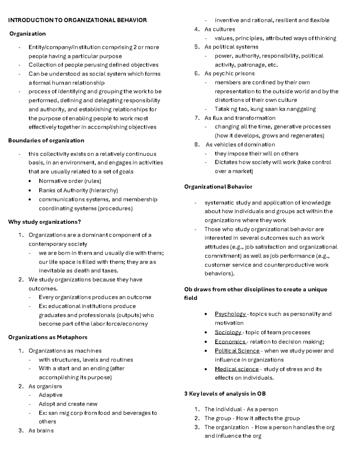 HBO 101: Introduction to Organizational Behavior and Communication - Studocu