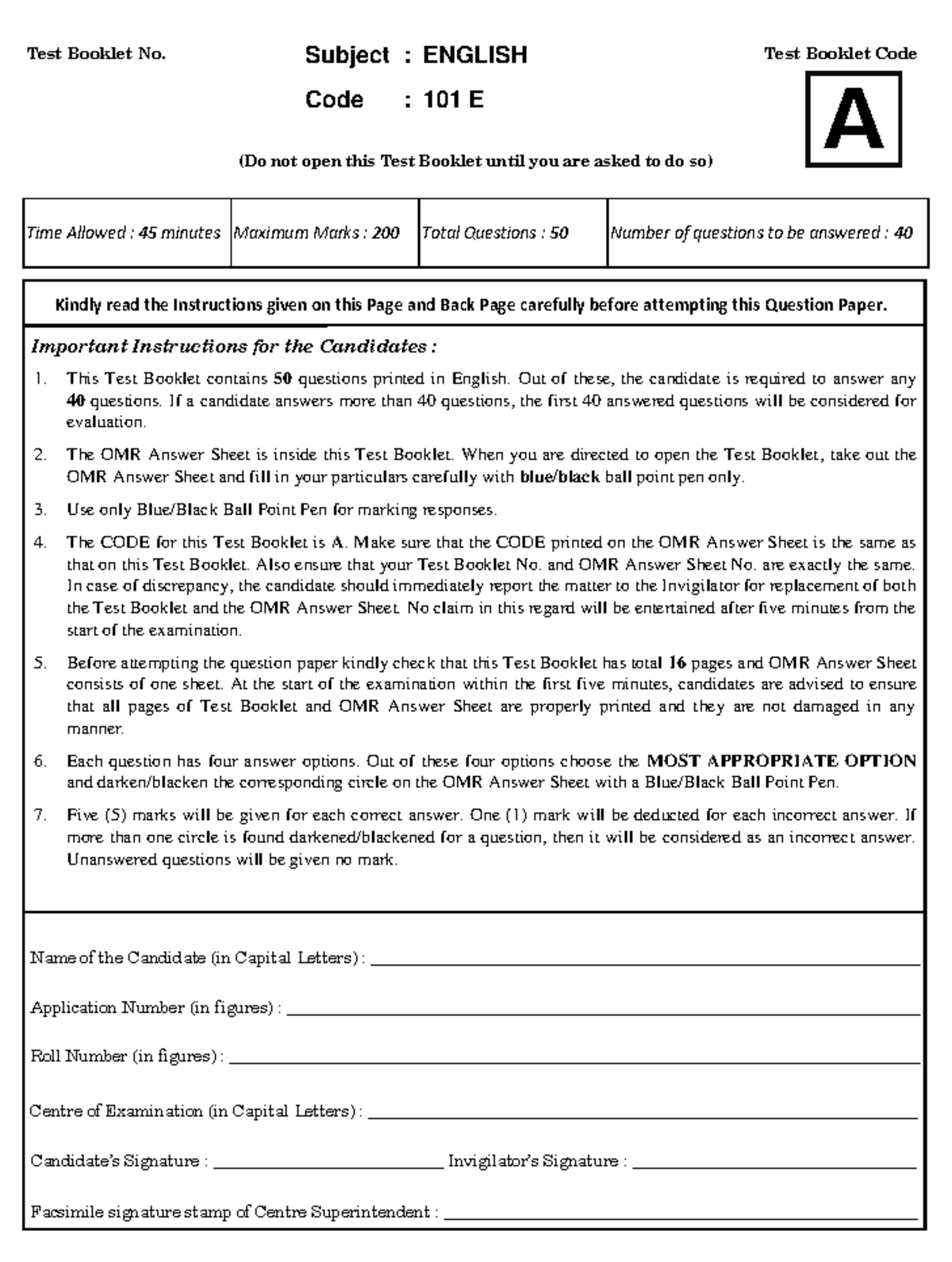 English Test Booklet 101: Code A - 50 Questions, 40 to Answer - Studocu