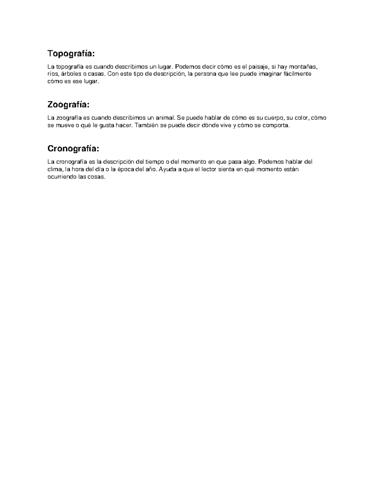 Tipos de Descripción: Topografía, Zoografía y Cronografía - Studocu
