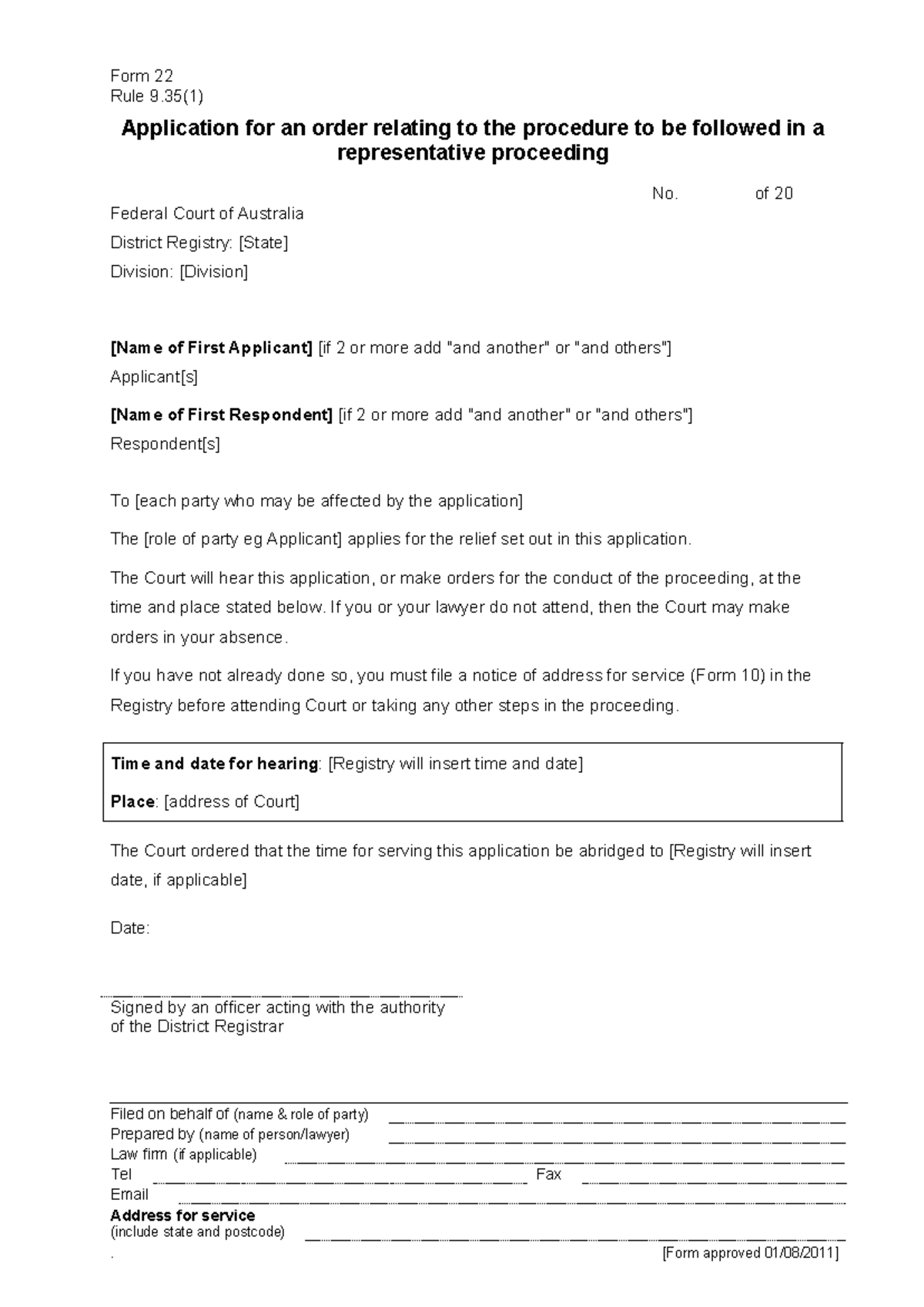 FCA Form 22 Rule 9.35(1) - Application for Court Procedure Order - Studocu