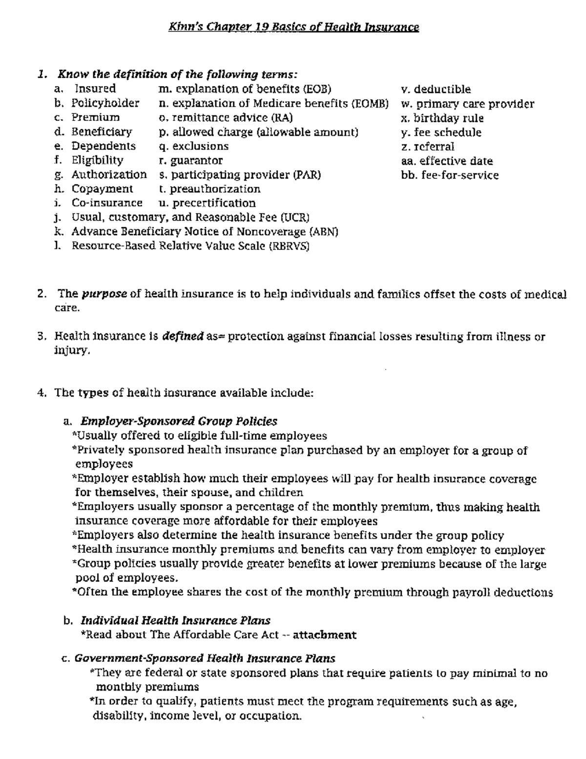 CMAA Chapter 19: Fundamentals of Health Insurance Concepts - Studocu