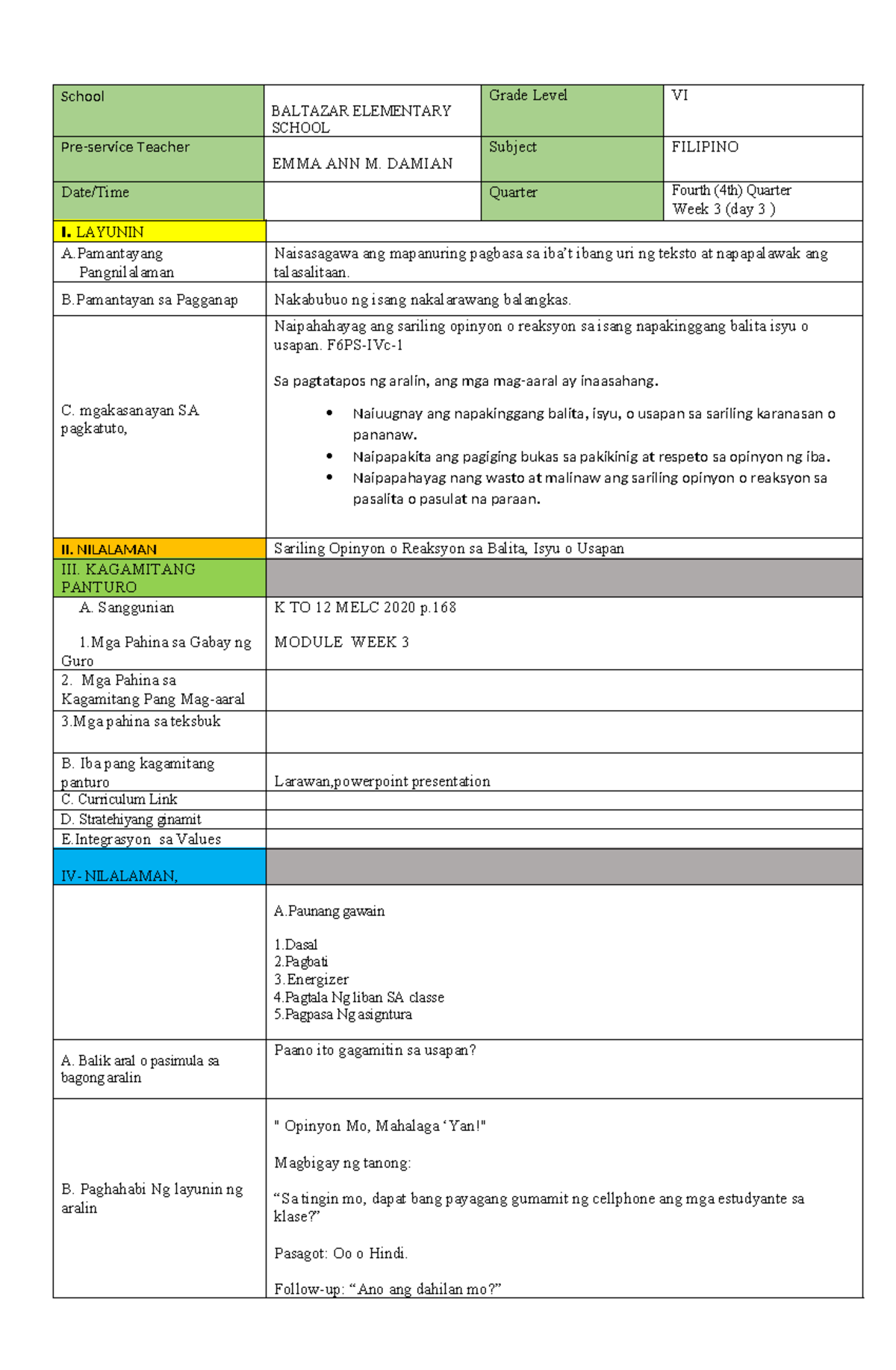 Week 3 Day 3 Lesson Plan for FILIPINO VI - Teacher Emma Ann M. Damian ...