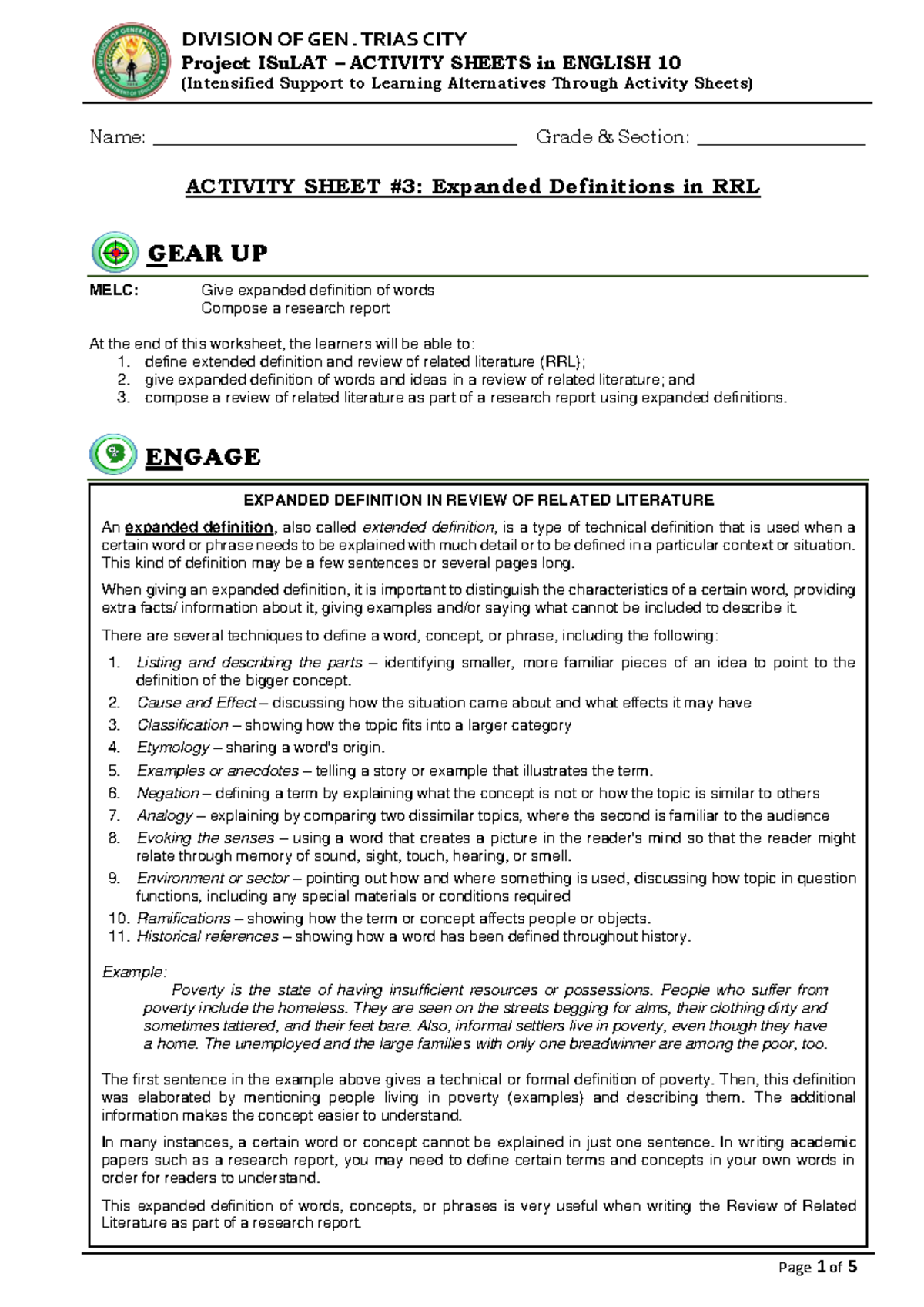 Expanded Definition RRL - Project ISuLAT – ACTIVITY SHEETS in ENGLISH ...