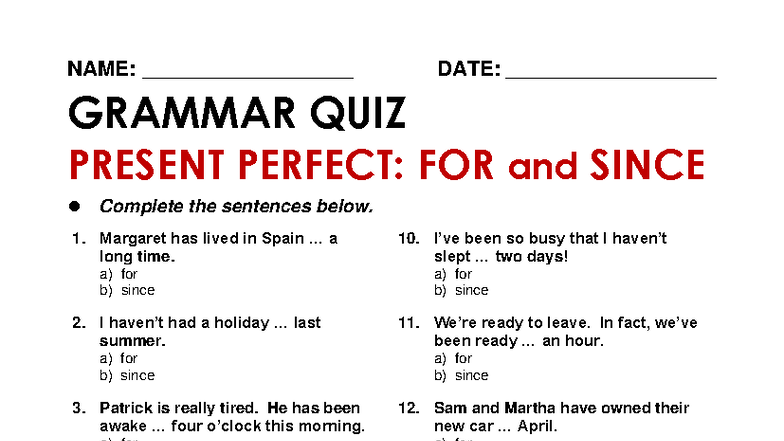 Grammar Quiz: Present Perfect with For and Since - Studocu