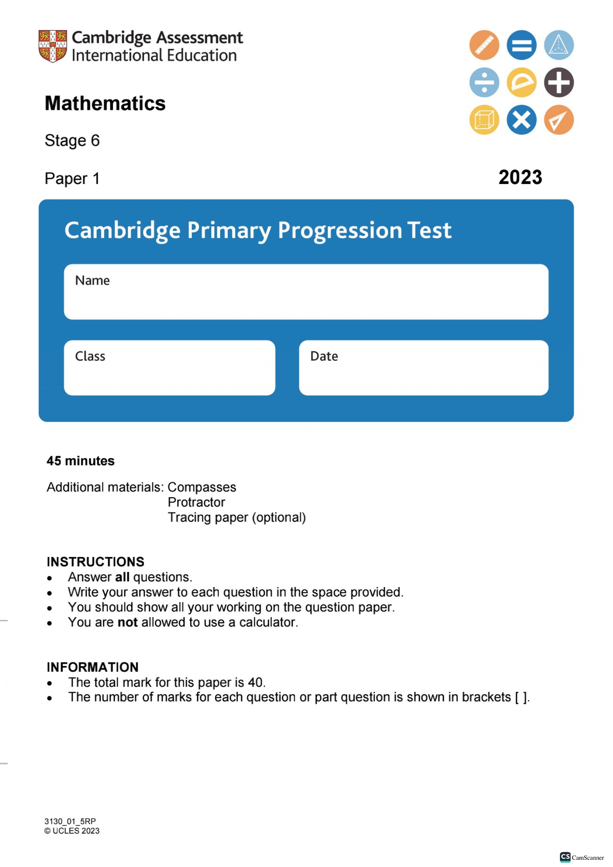 Cambridge Primary Progression Test Stage 6 Math 2023 Paper 1 - Studocu