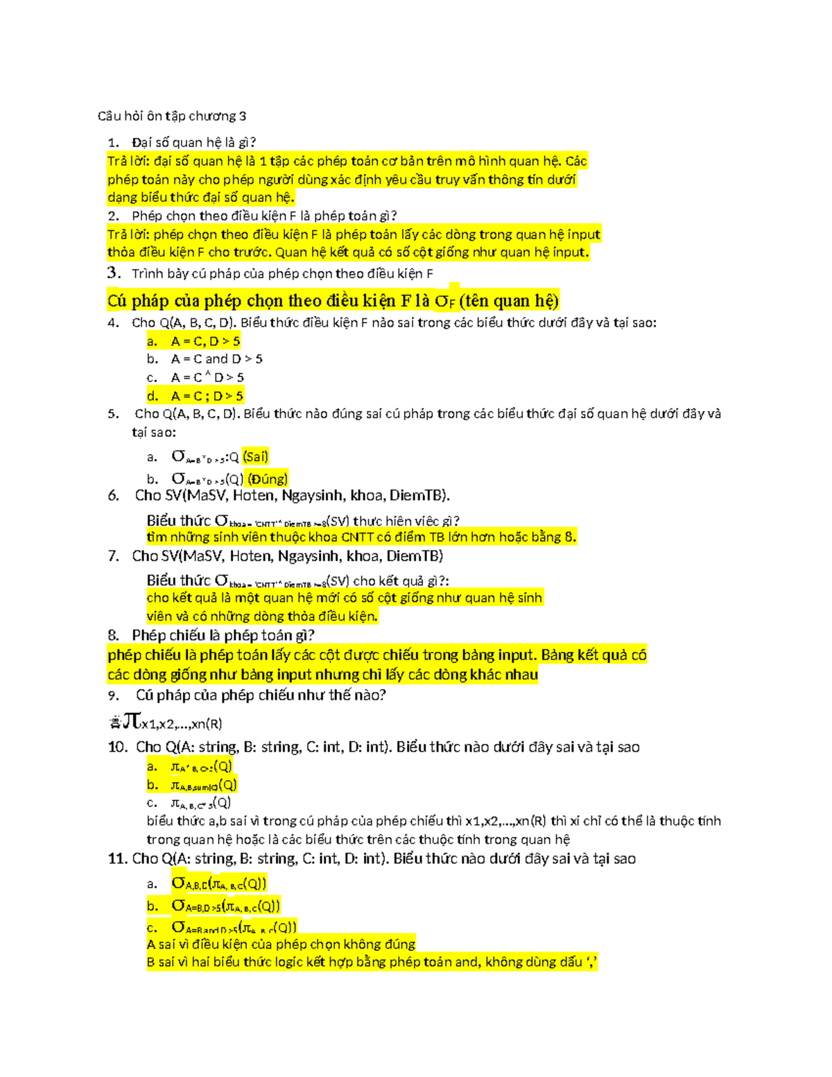 Csdl C3 - Ôn Tập và Bài Tập Đại Số Quan Hệ Chương 3 - Studocu