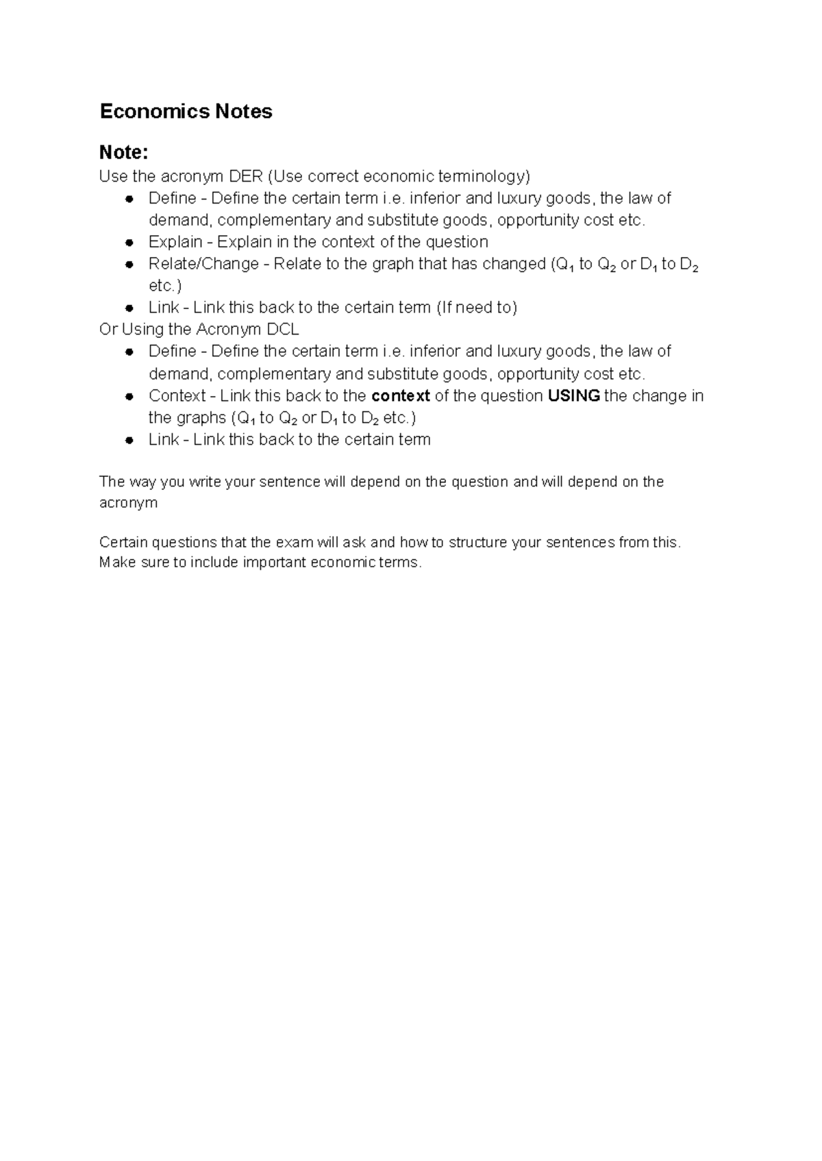 (L2) Economics Notes: Sentence Structuring for Exam Questions - Studocu