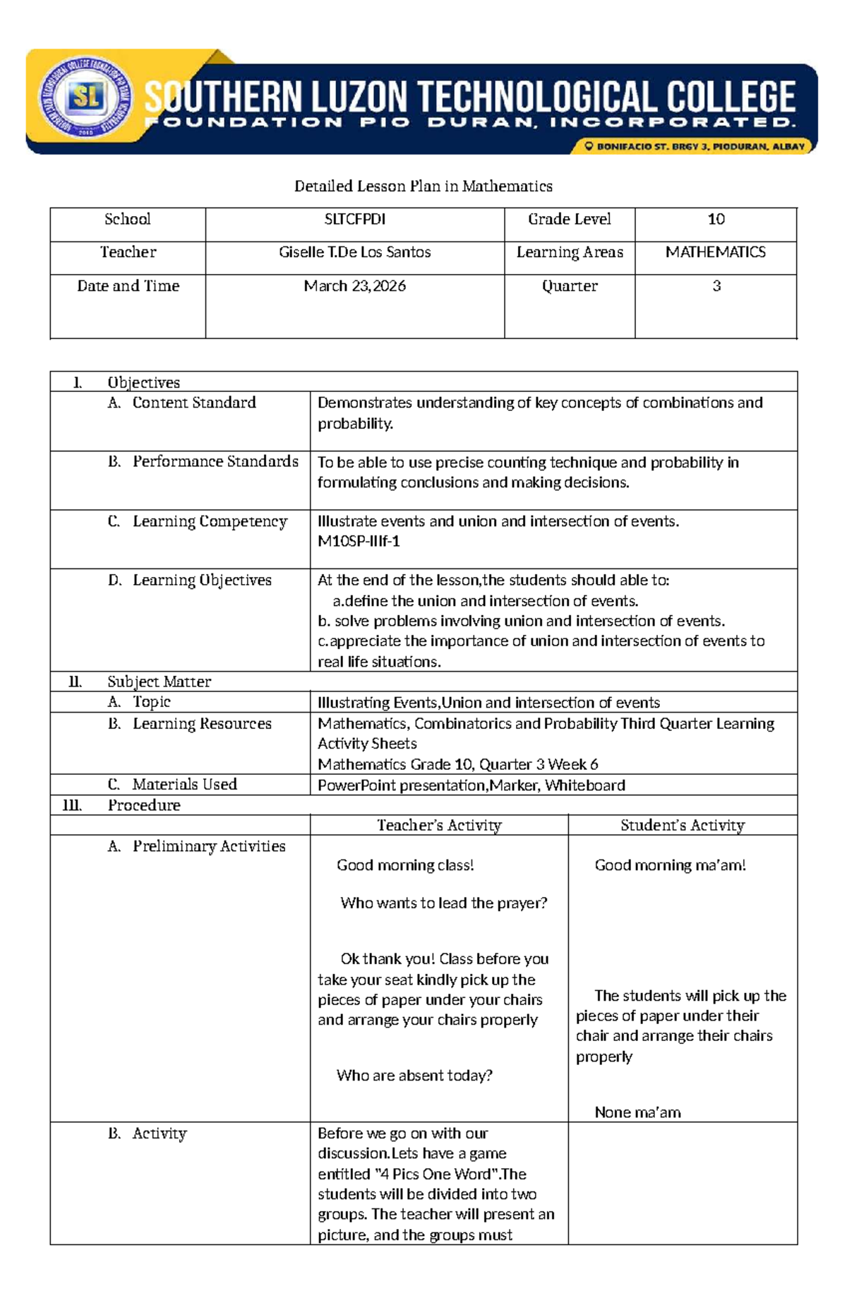 Detailed Lesson Plan: Combinations & Probability (Math 10) - Studocu