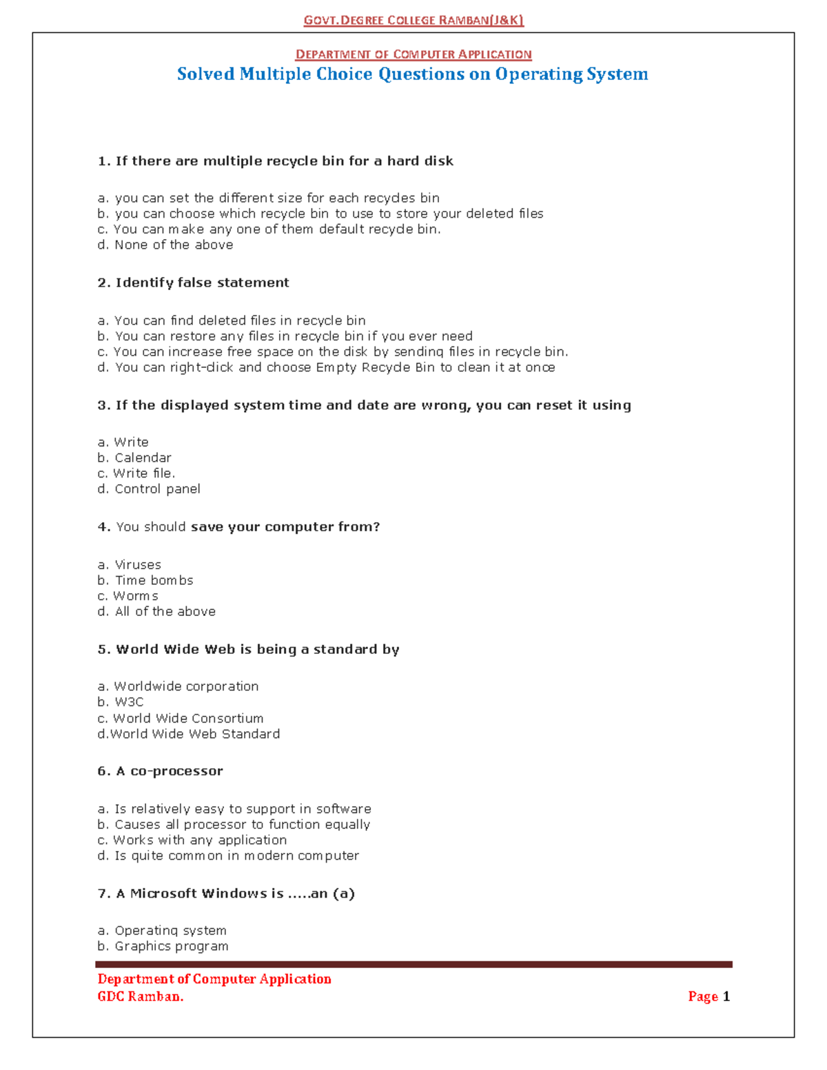Os mcq - mcq - DEPARTMENT OF COMPUTER APPLICATION Solved Multiple ...