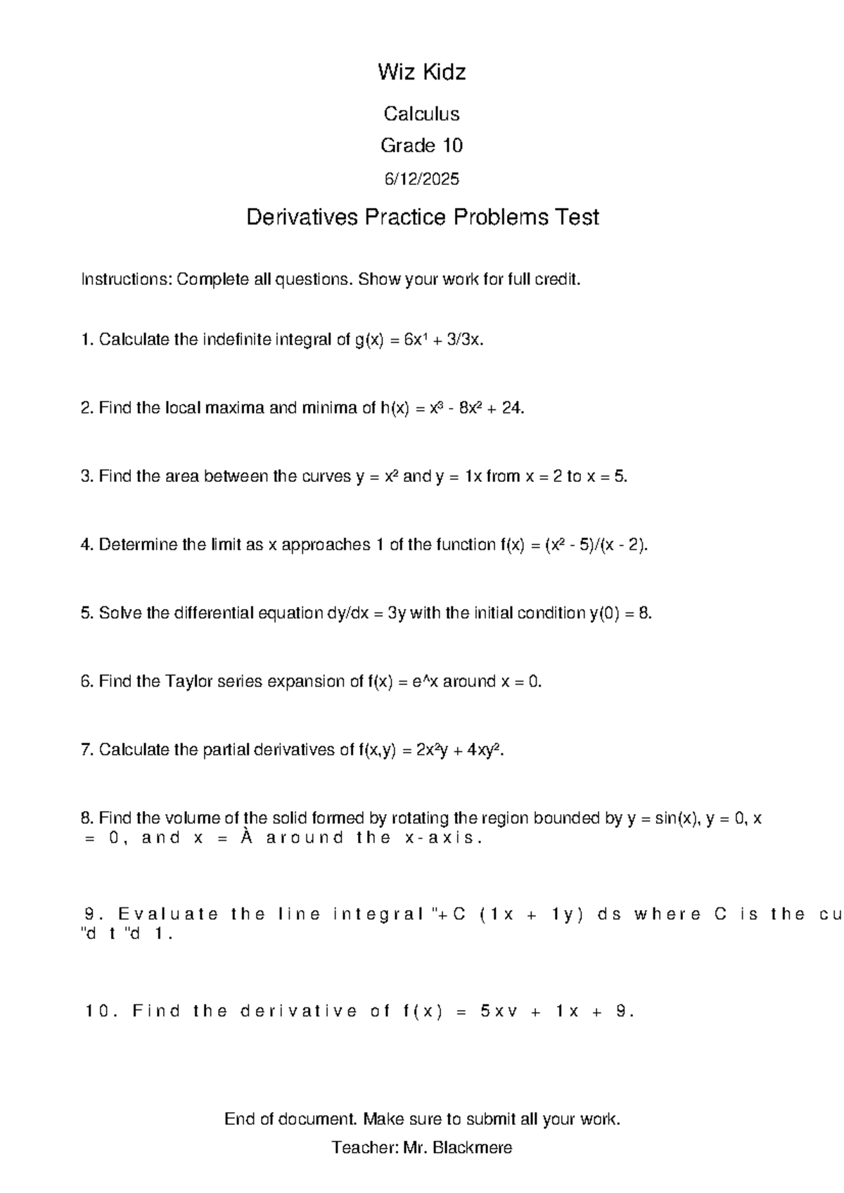 Wiz Kidz Calculus 10 Derivatives Practice Problems Test - Studocu