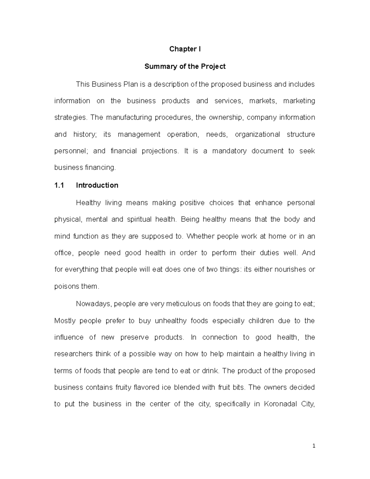 Chapter 1234- Final - Entrep - Chapter I Summary of the Project This Business Plan is a ...