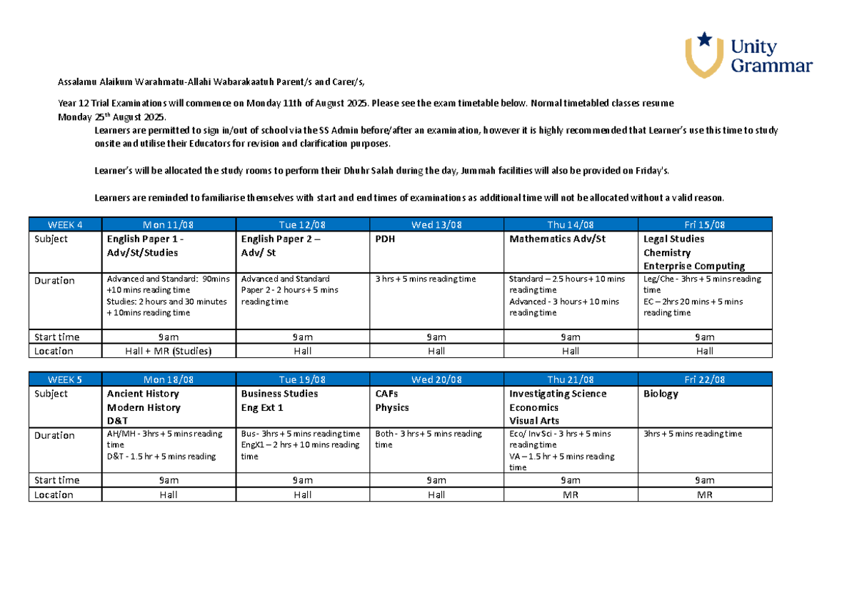 2025 Y12 Trial Exam Timetable & Important Info for Students - Studocu