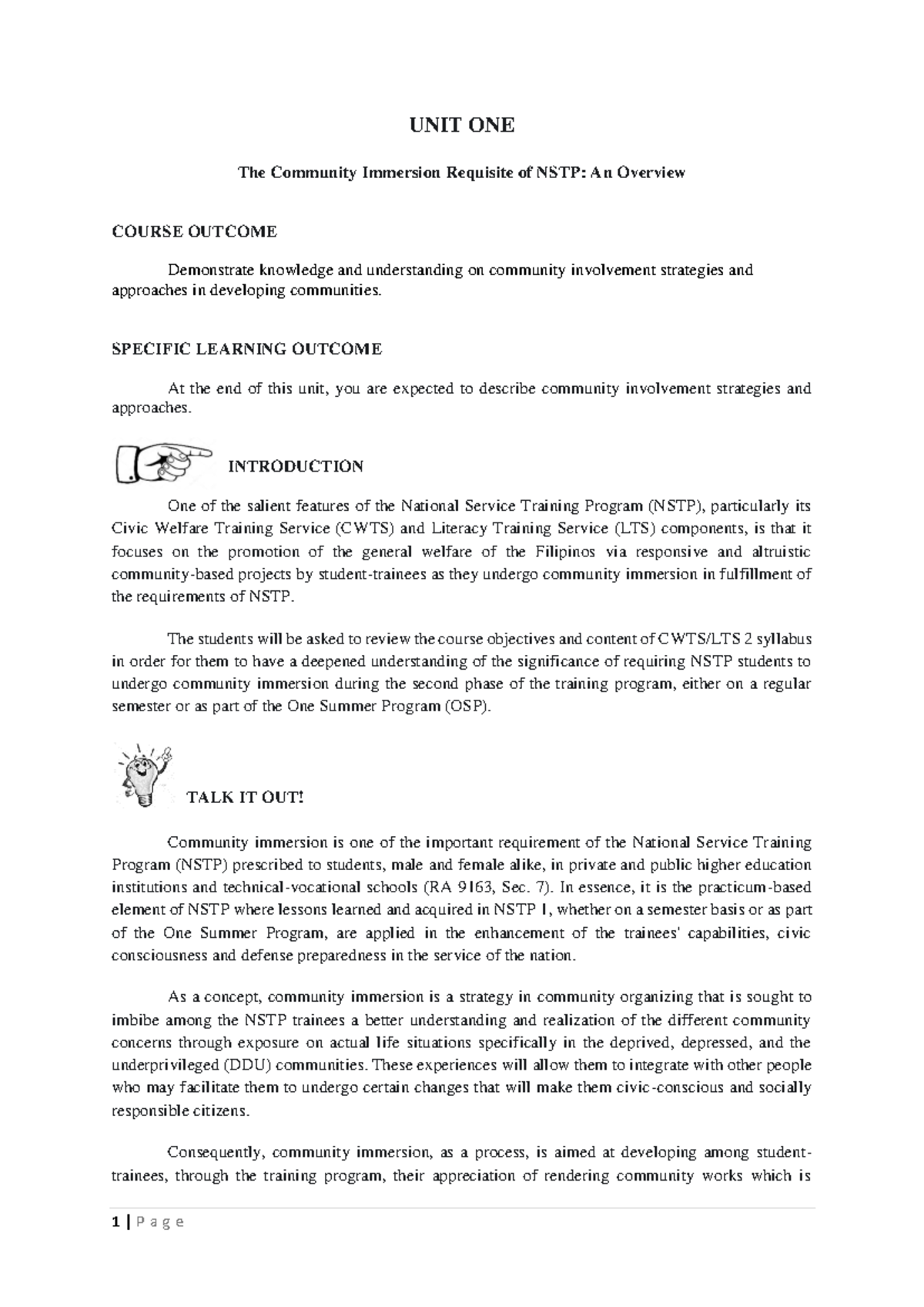 Unit 1 NSTP2 Module - Community Immersion: An Essential Overview - Studocu