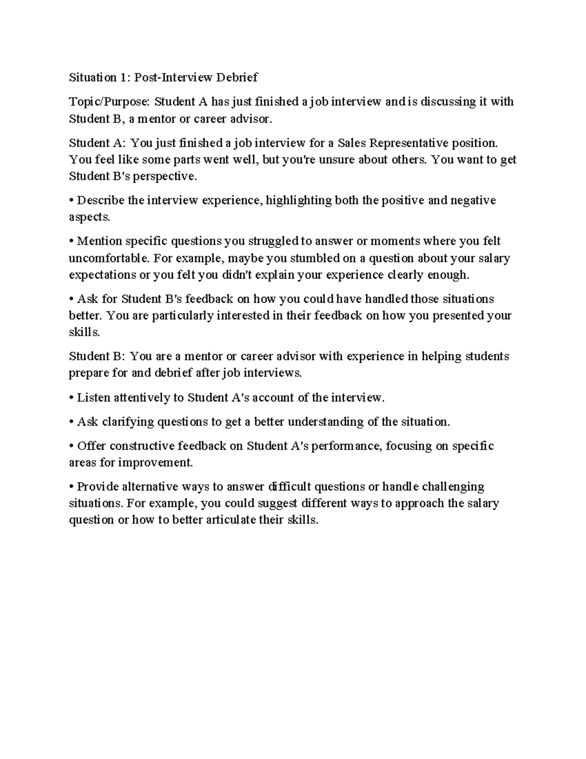 Situation 1prep - Situation 1: Post-Interview Debrief Topic/Purpose ...