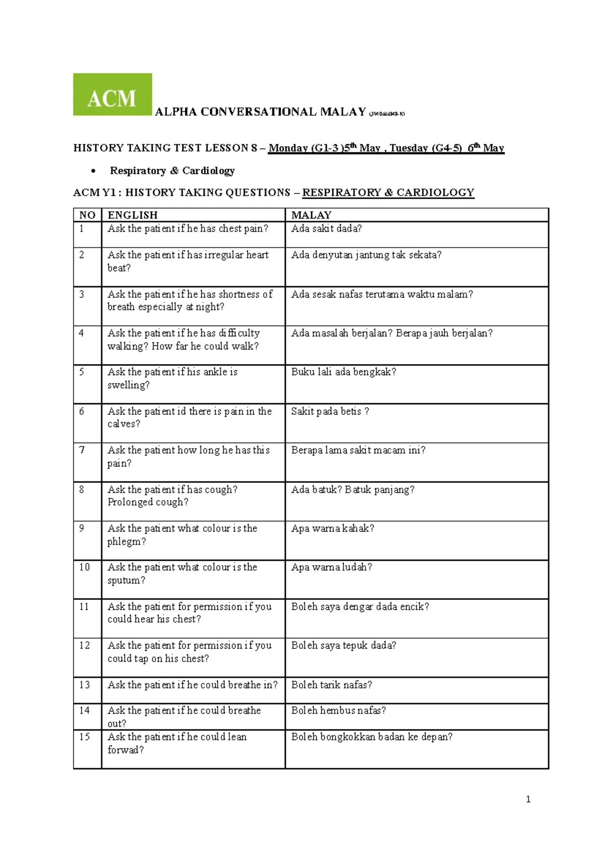 ACM JM 0666348-K: Lesson 8 - History Taking Speaking Test Guide - Studocu
