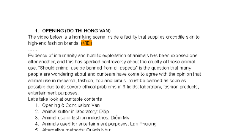 Script: Animals Use Should Be Banned in All Aspects (Final Exam) - Studocu