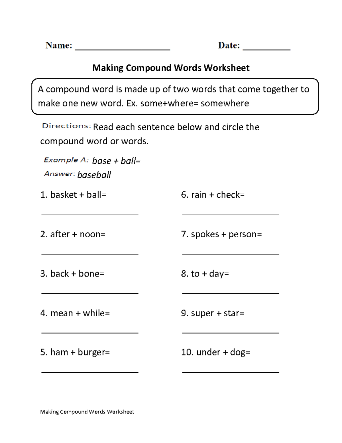 Making Compound Words Worksheet - English - base + ball= baseball ...