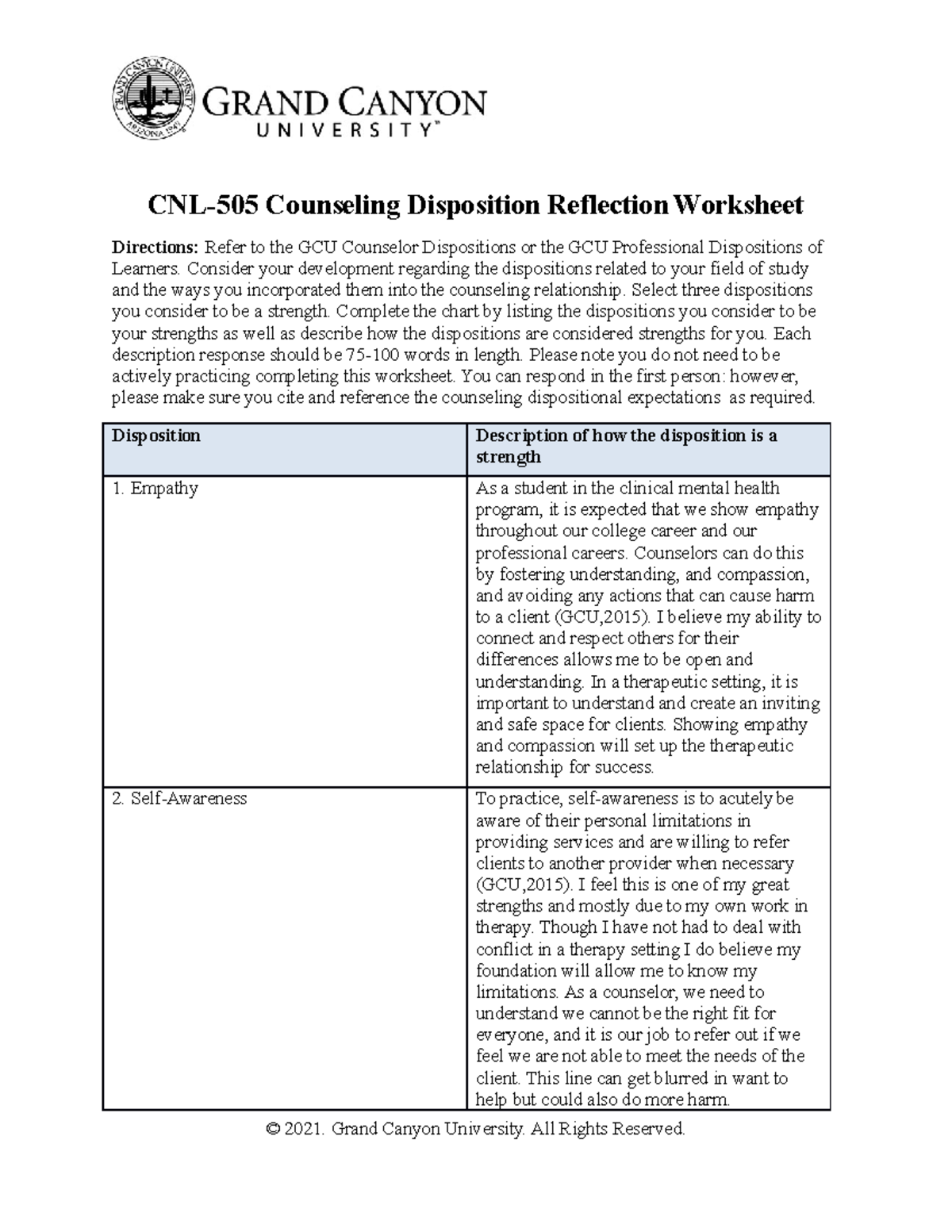 CNL 505 RS T1 Counseling Disposition Reflection and Strengths Analysis ...