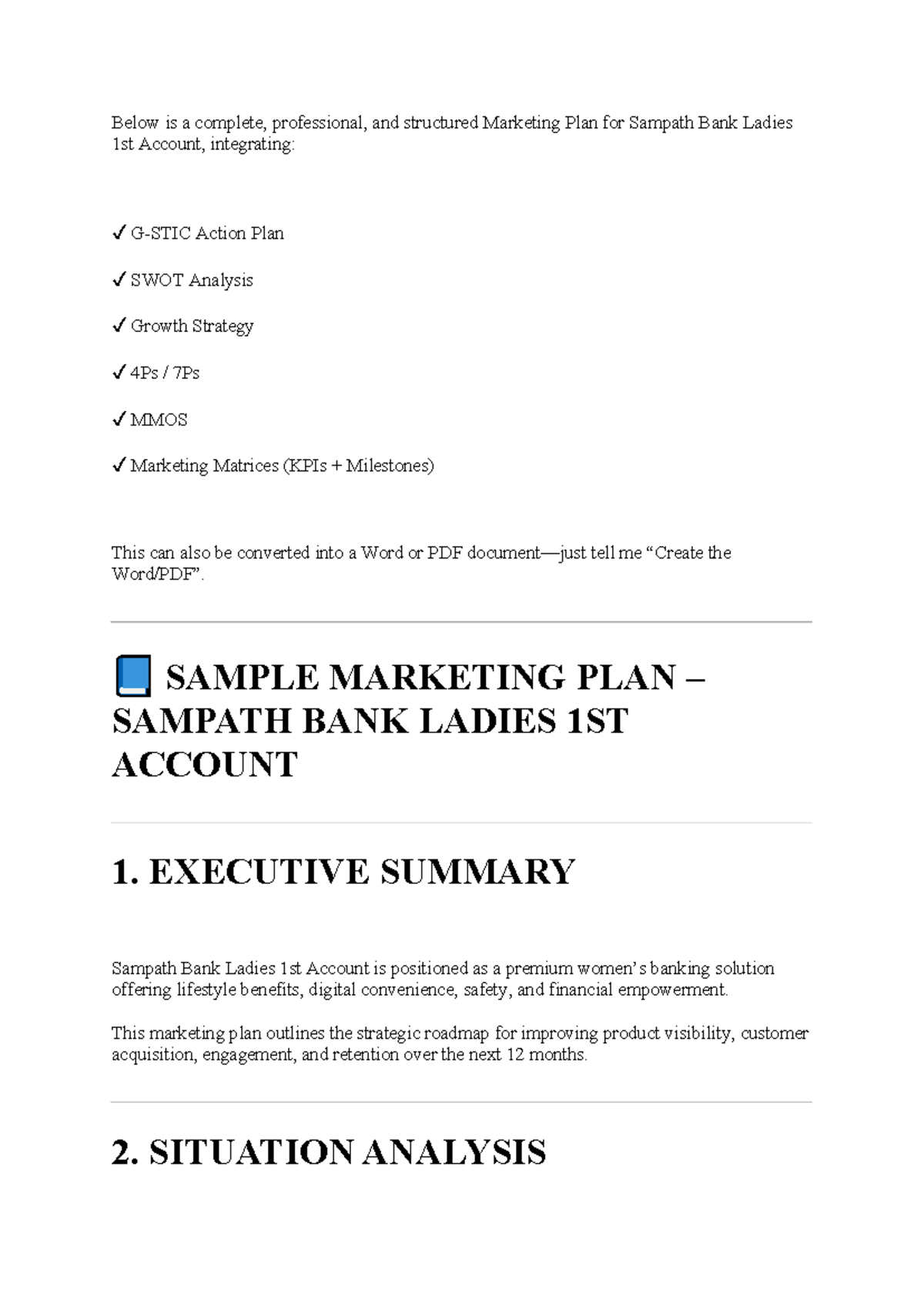 SAMPLE MARKETING PLAN FOR SAMPATH BANK LADIES 1ST ACCOUNT - Studocu