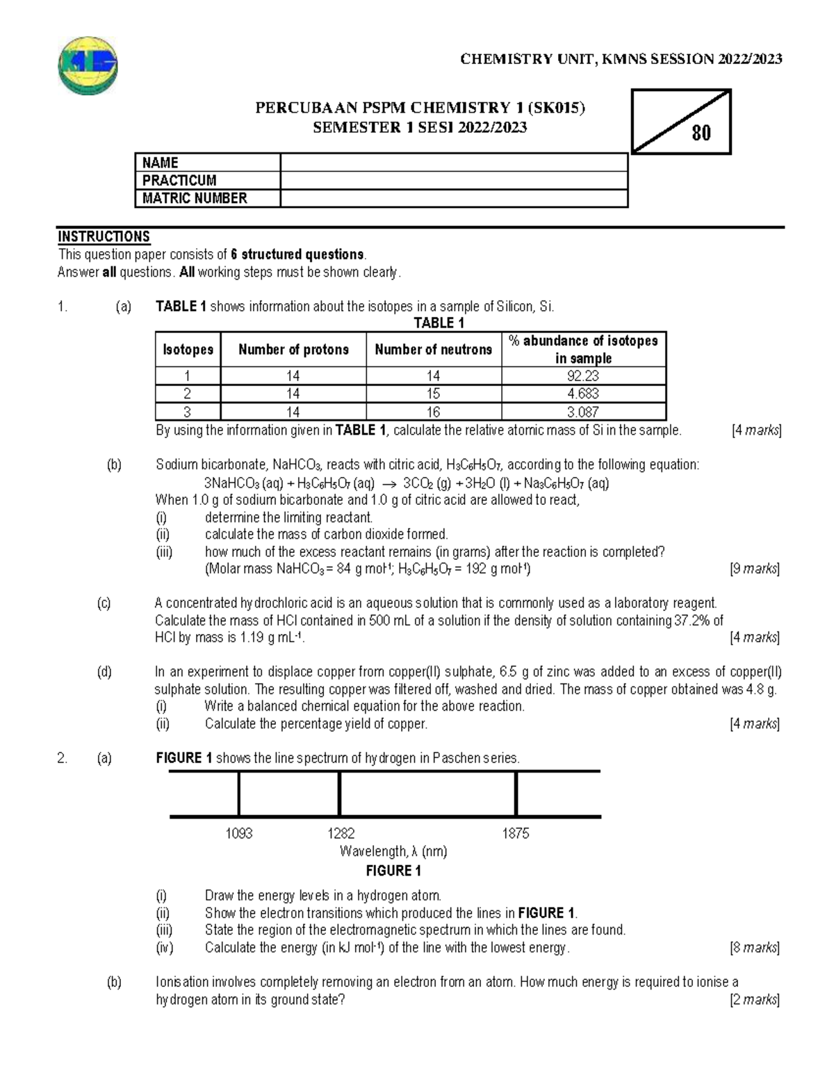 Soalan Trial PSPM SK 015 KMNS: Chemistry Unit Exam Questions - Studocu