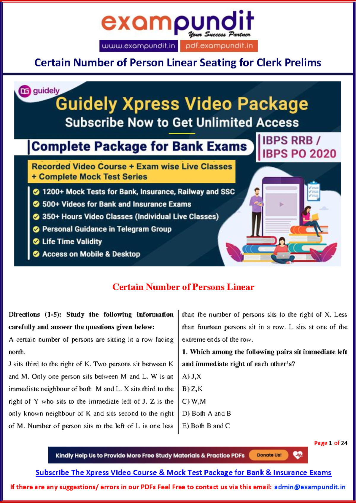 IBPS RRB Clerk Prelims Exam: Linear Arrangement Questions PDF - Studocu