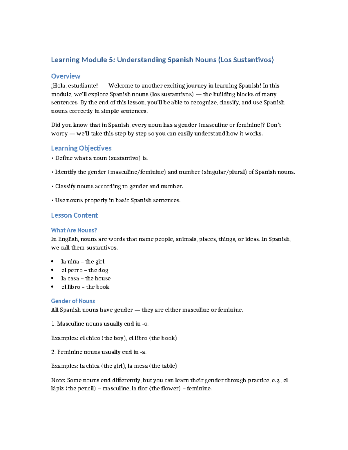 Module 5: Understanding Spanish Nouns (Los Sustantivos) Overview - Studocu