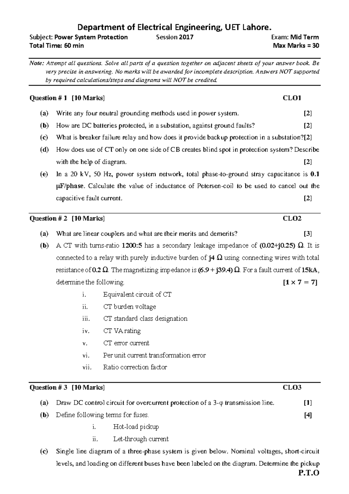 Mid Term Exam: Power System Protection (EE 2017) - Studocu