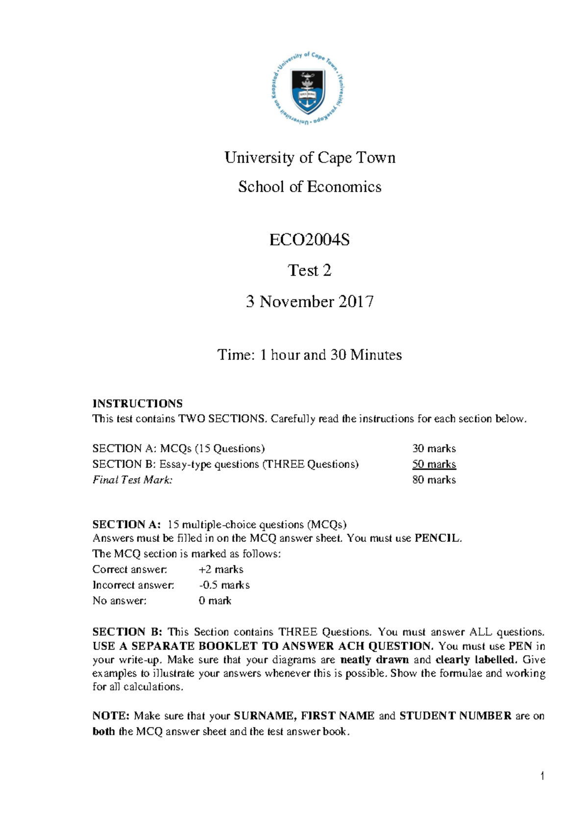ECO2004S Test 2: Economics Concepts & MCQs - 3 Nov 2017 - Studocu