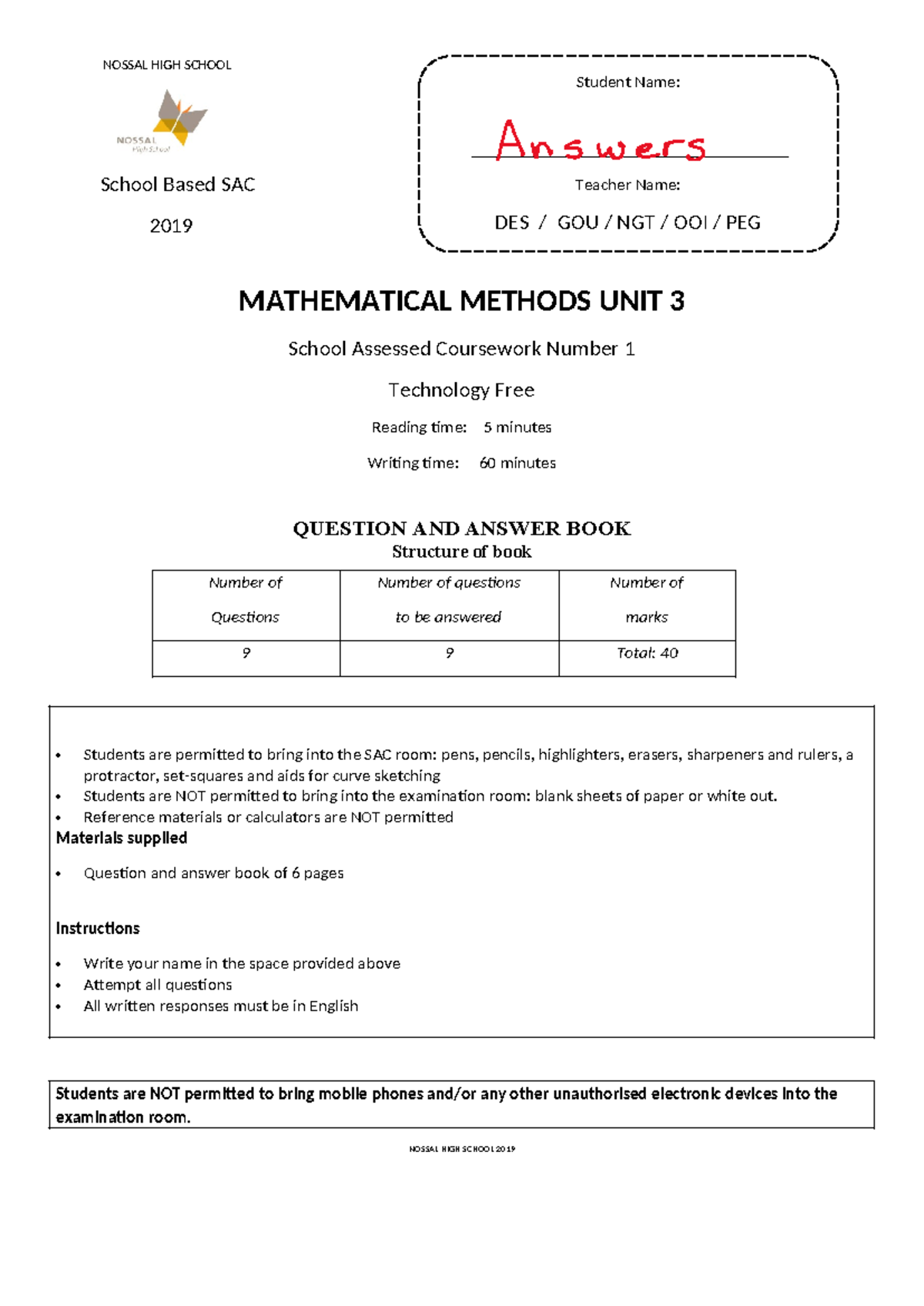 NOSSAL HIGH SCHOOL 2019 MATHEMATICAL METHODS UNIT 3 SAC 1 Solutions ...