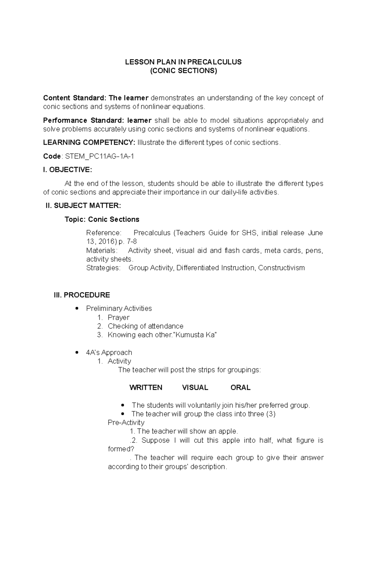 Pre-Calculus for Senior High Students - LESSON PLAN IN PRECALCULUS ...