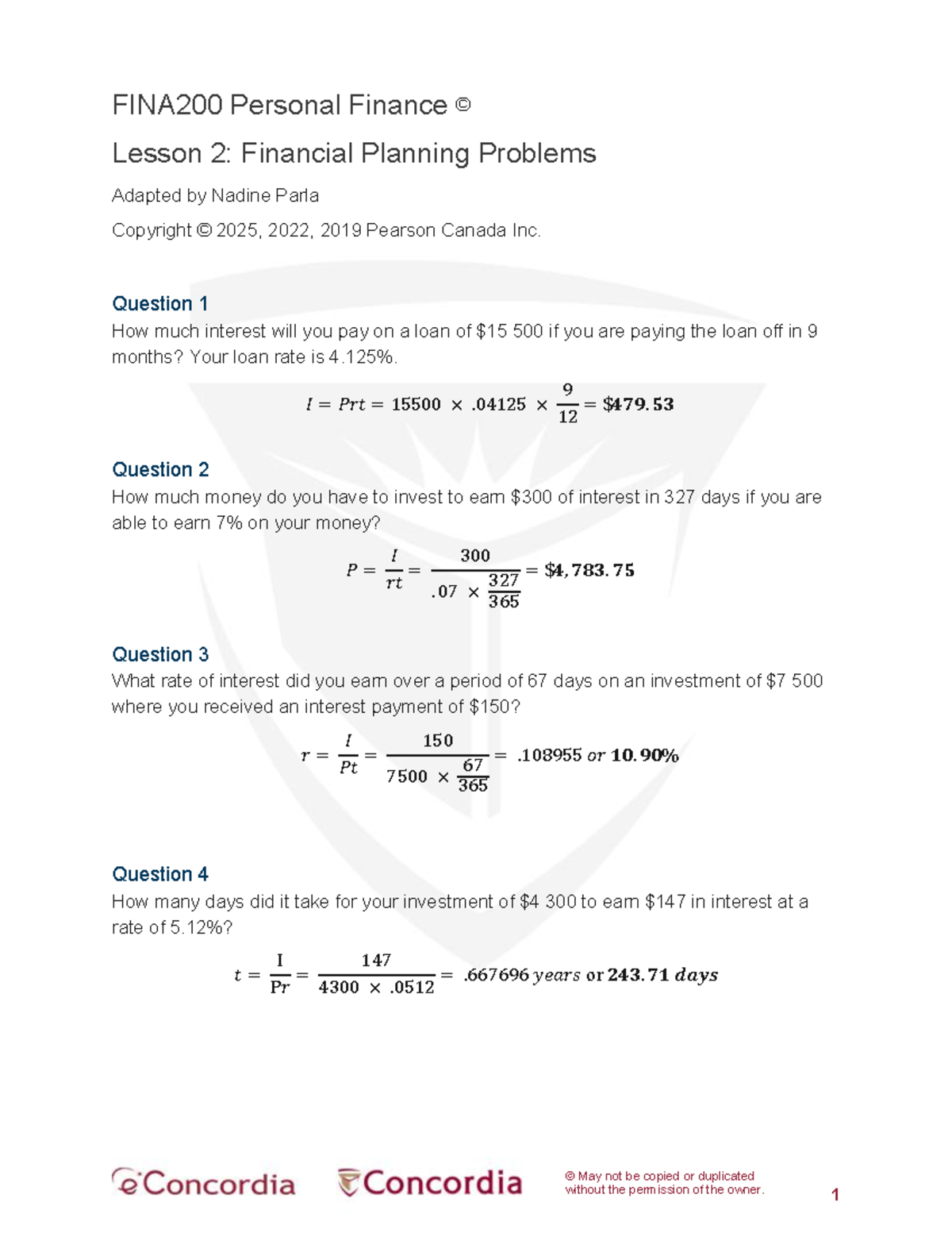 FINA200 Personal Finance Lesson 2: Financial Planning Problems - Studocu