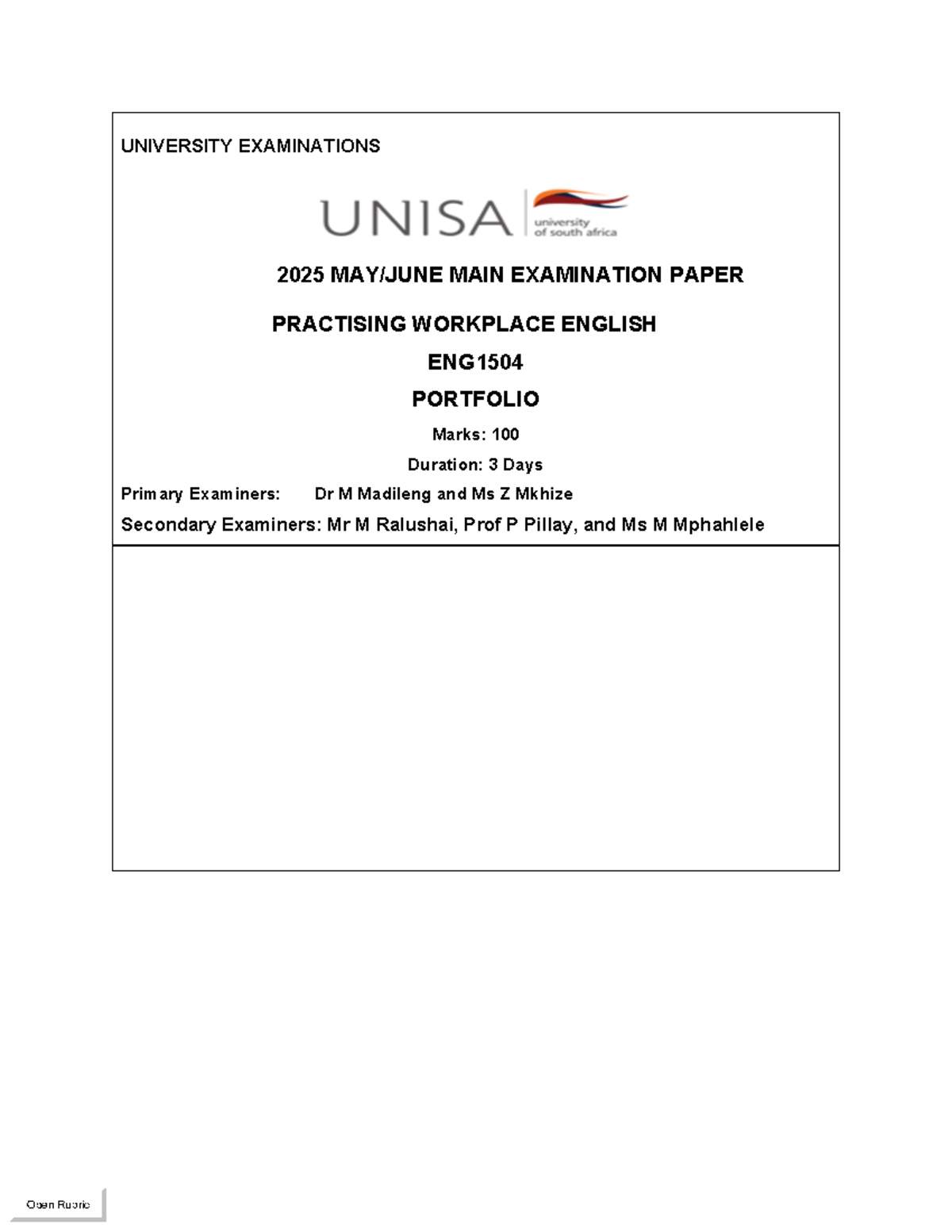 ENG1504 May/June 2025 Main Exam: Practising Workplace English Portfolio ...