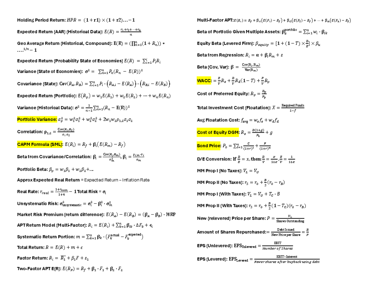 MOS 3311 Final Exam Formulas: APT, Expected Returns, and Variance - Studocu