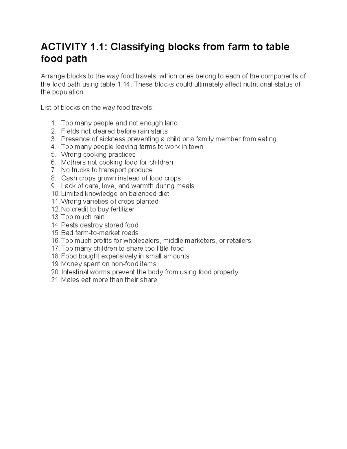 Activity 1 - Classifying blocks from farm to table food path - ACTIVITY ...