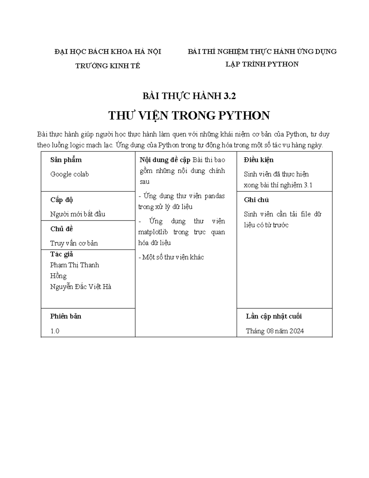Thư viện trong Python TN02 - ĐẠI HỌC BÁCH KHOA HÀ NỘI TRƯỜNG KINH TẾ ...