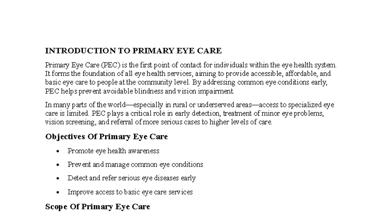 INTRODUCTION TO PRIMARY EYE CARE (PEC) - A Comprehensive Overview - Studocu