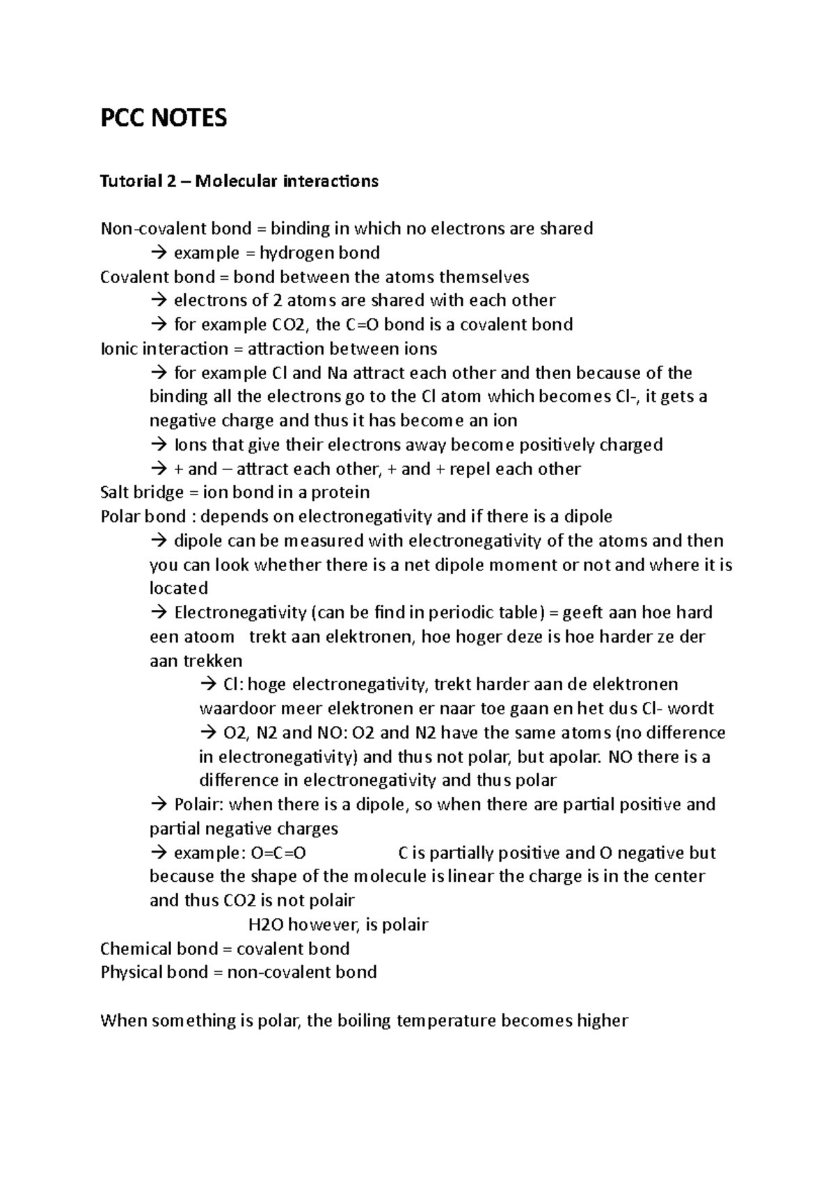 PCC Tutorial 2 Notes: Understanding Molecular Interactions - Studeersnel