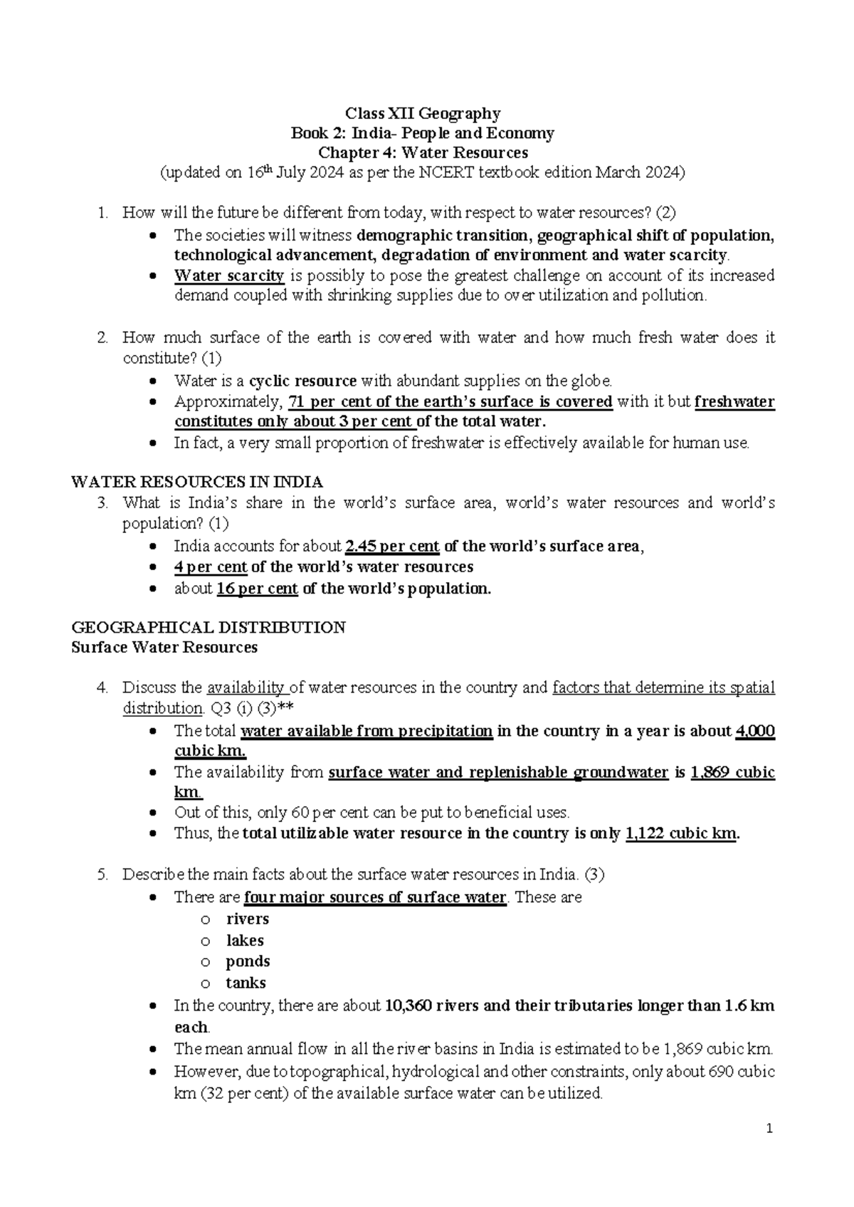 Class XII Geography: People and Economy - Chapter 4 Water Resources ...
