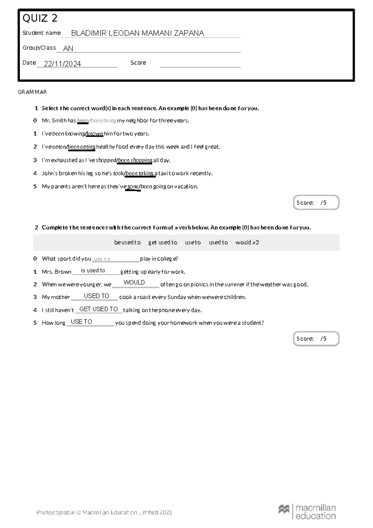 QUIZ 2 Intermediate: Grammar and Vocabulary Assessment - Studocu