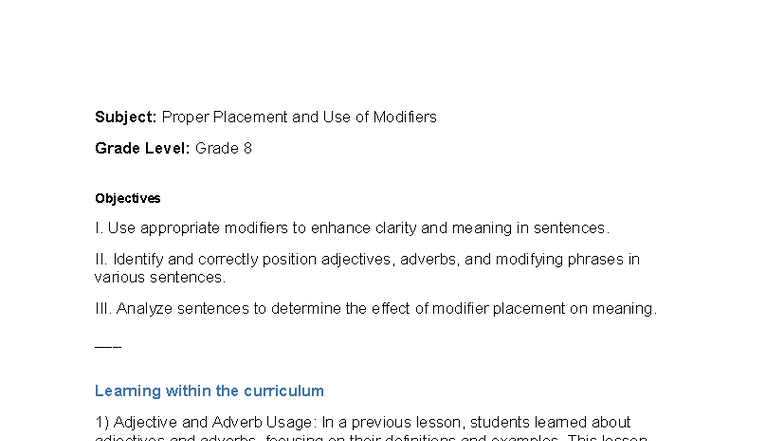 Lesson Plan: Proper Placement & Use of Modifiers (Grade 8) - Studocu