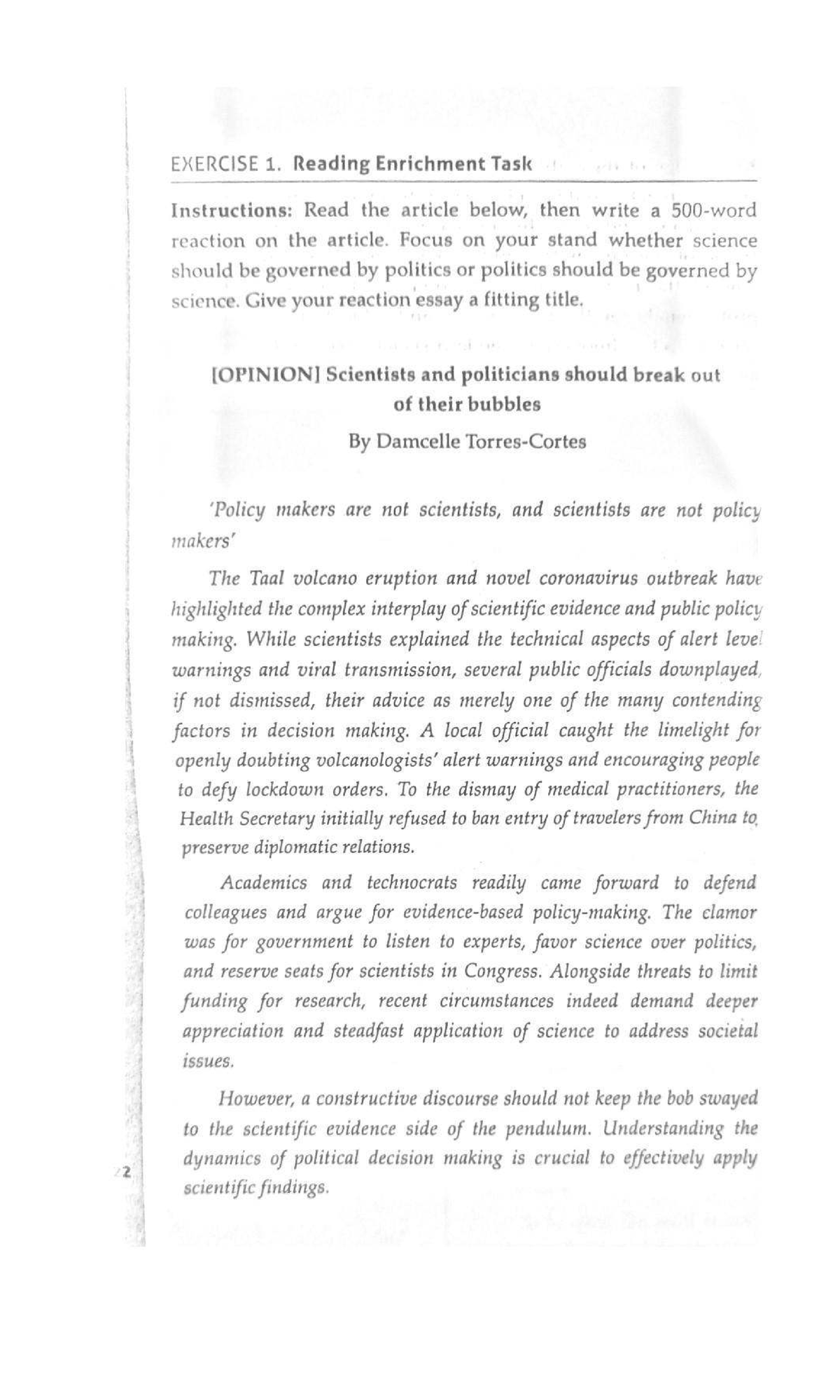 STS Activity SET 1: Exploring Science and Politics Interplay - Studocu