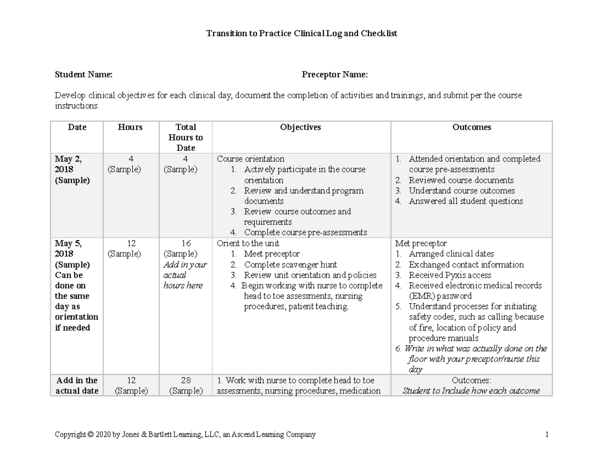 Clinical Log and Checklist with revisions for LC - Student Name ...