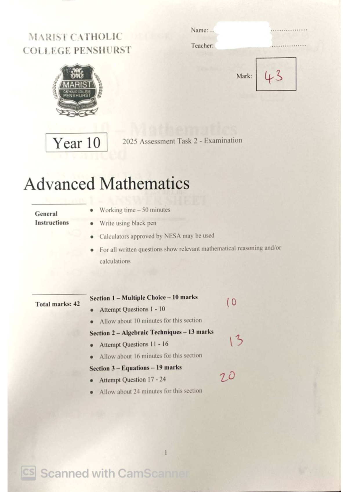 Year 10 Mathematics Assessment Task 2 Exam - MARIST CATHOLIC 2025 - Studocu