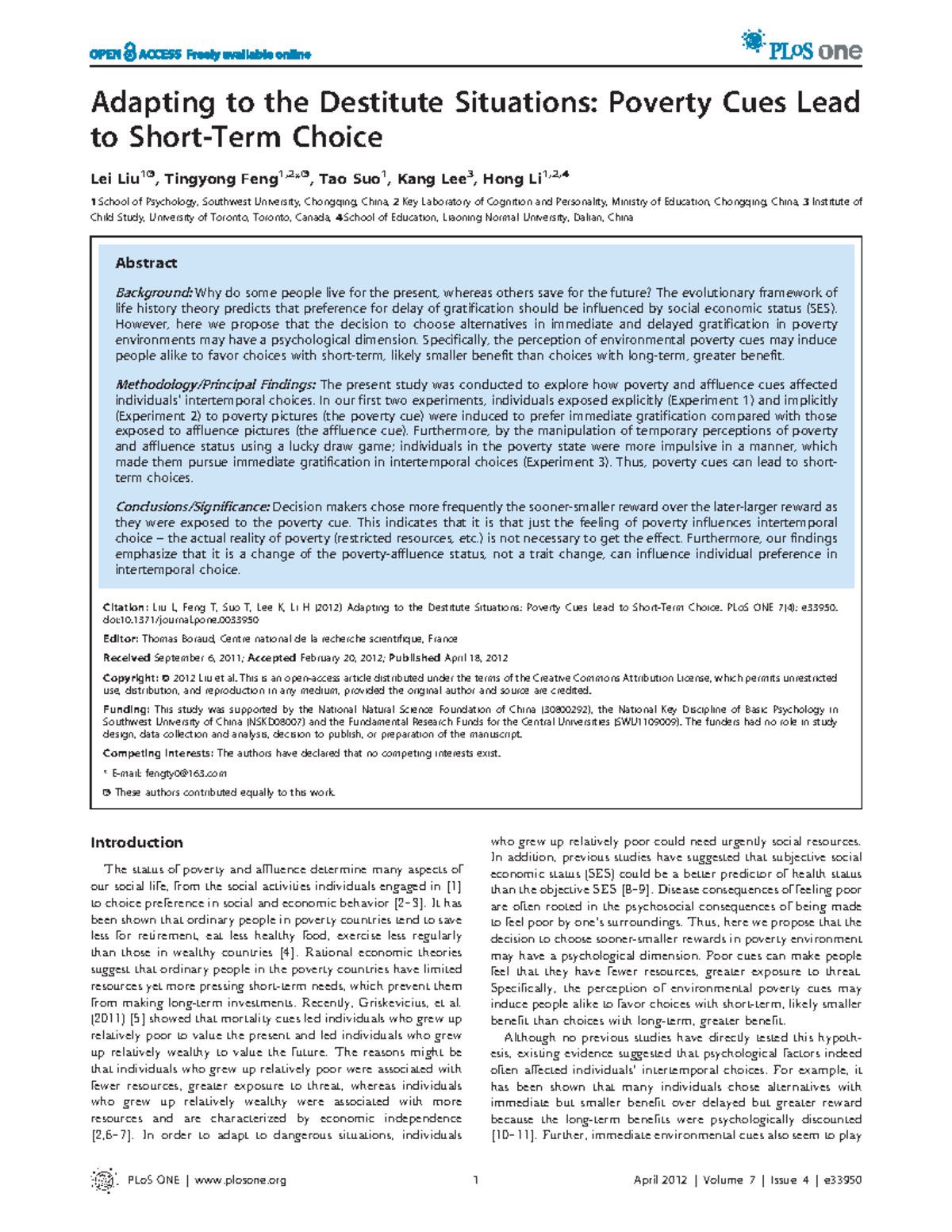 Psy 101: Poverty Cues and Immediate Gratification Choices - Studocu