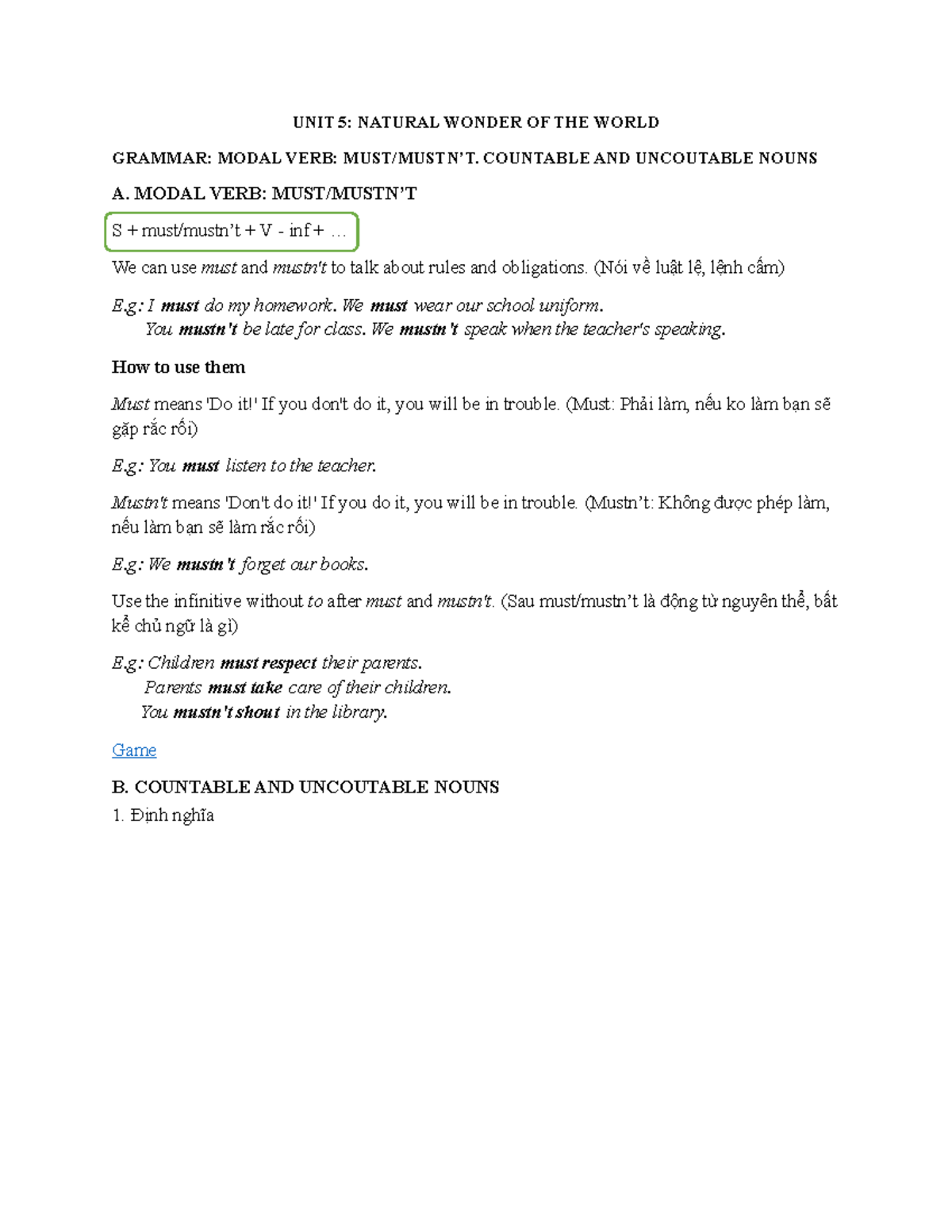 UNIT 5: MODAL VERBS & NOUNS - MUST, MUSTN'T, COUNTABLE/UNCOUNTABLE ...