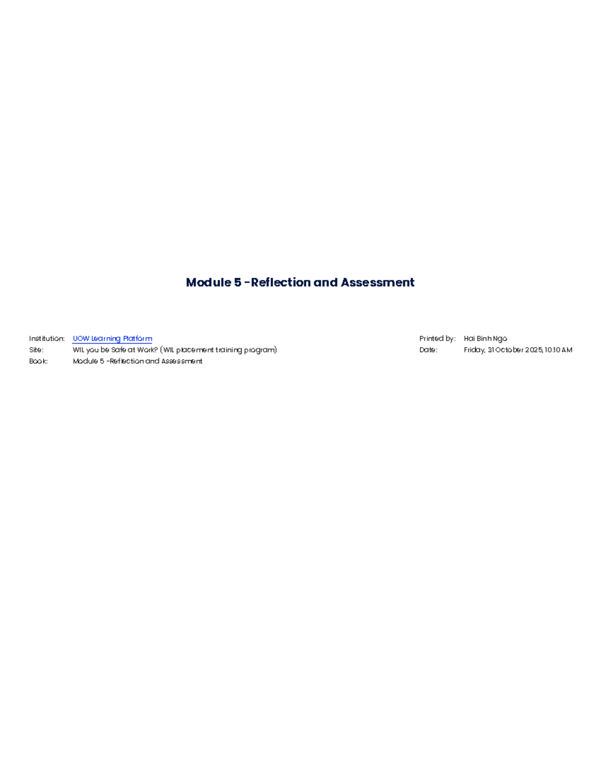 Module 5 - WIL Placement Reflection & Final Quiz UOW - Studocu