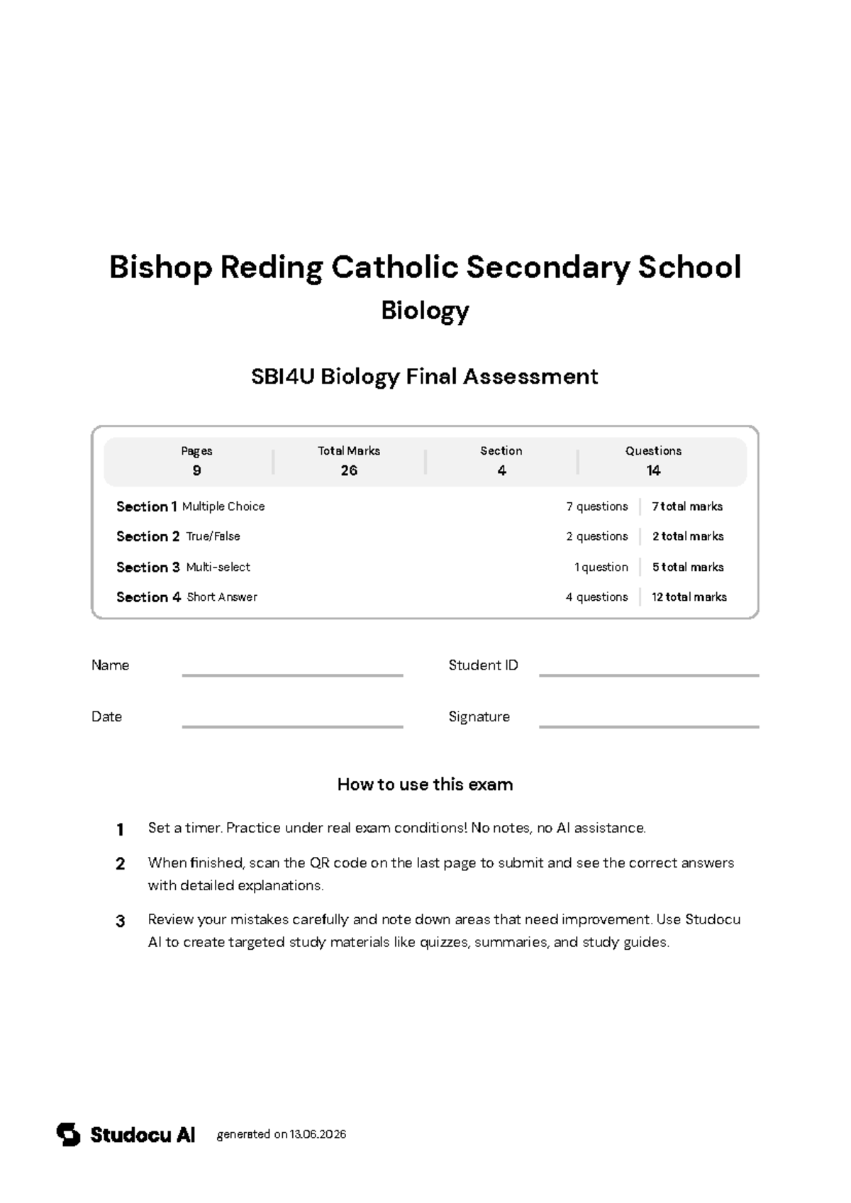 SBI4U Biology Final Exam Assessment - Studocu