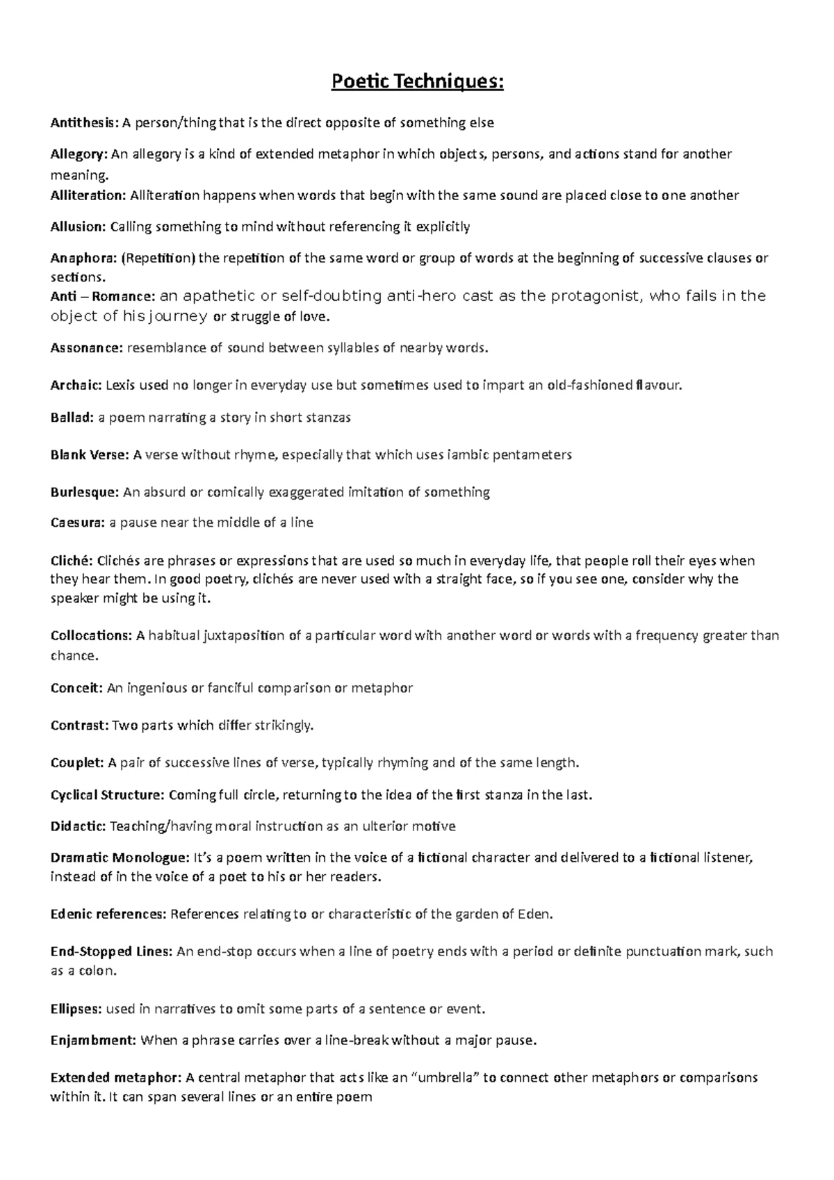 List of Poetic Techniques used by poets to identify in A level exam ...