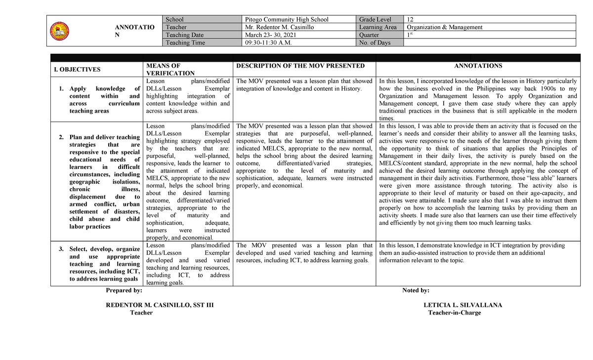 ANNOTATION: Lesson Plan for Organization & Management (OM 1st Qtr ...