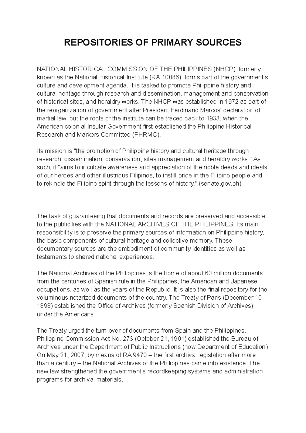 Repositories of Primary Sources: NHCP & National Archives Overview ...